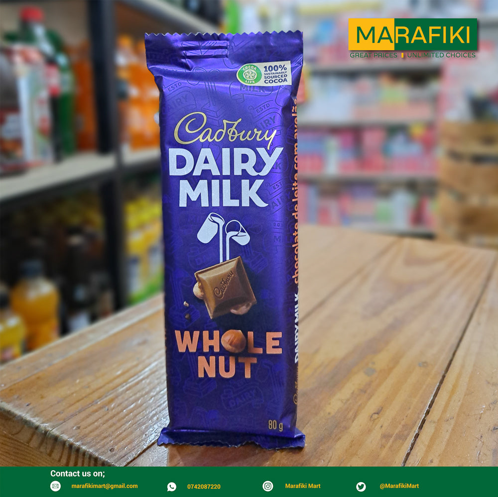 CADBURY DAIRY MILK WHOLE NUT 80G – Marafiki Mart CADBURY DAIRY MILK WHOLE NUT 80G – Marafiki Mart